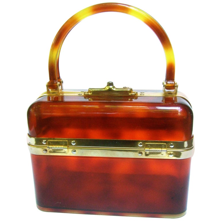 1970s Sleek French Tortoise Shell Lucite Box Handbag at 1stDibs