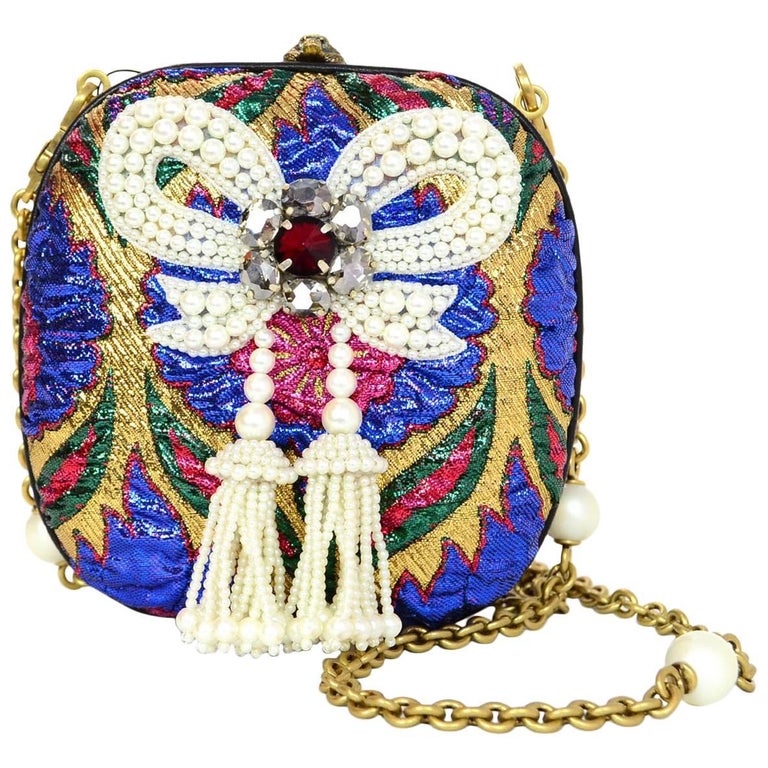 Gucci Brocade Broadway Faux Pearl Embellished Bow Minaudiere Clutch Bag