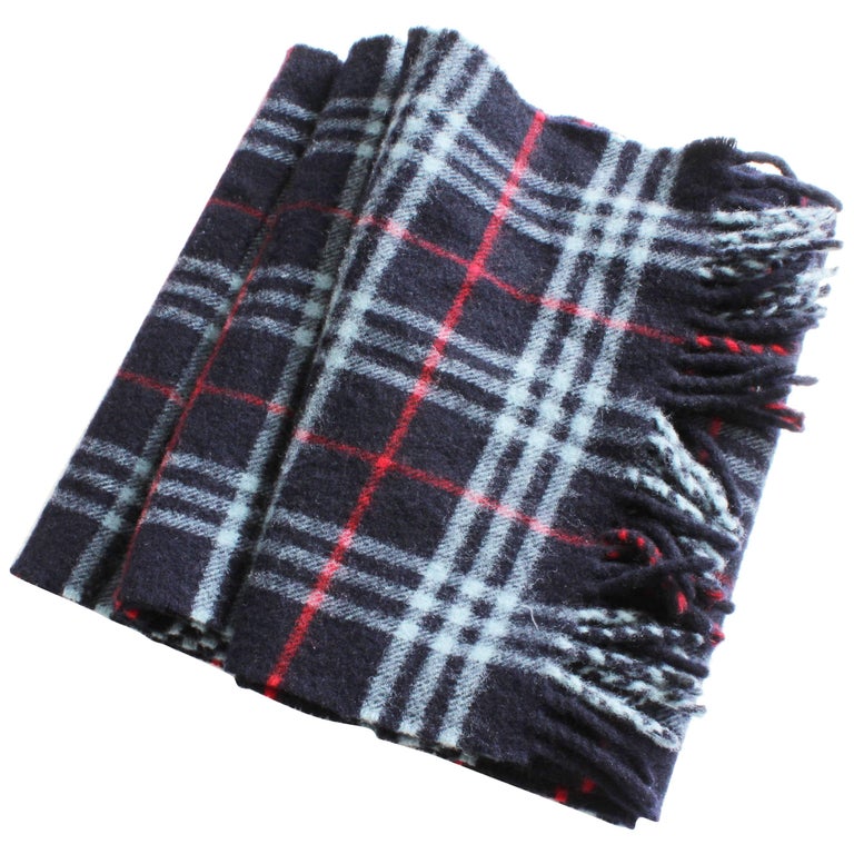 Burberrys London Lambswool Scarf Blue Red White Plaid Check with Fringe ...