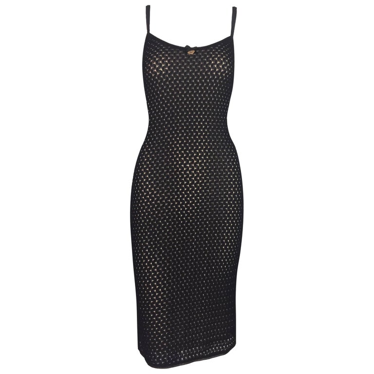 1990's D&G by Dolce and Gabbana Sheer Black Knit Fishnet Mesh Dress w ...