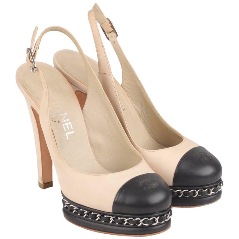 Chanel Leather Cap Toe Chain Platform Slingback Pumps For Sale at ...