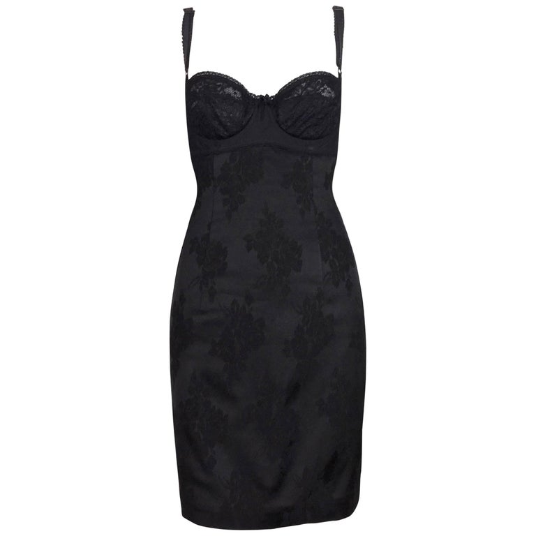 1996 Dolce and Gabbana Black Damask Bandage Bodycon Lace Bra Mini Dress ...