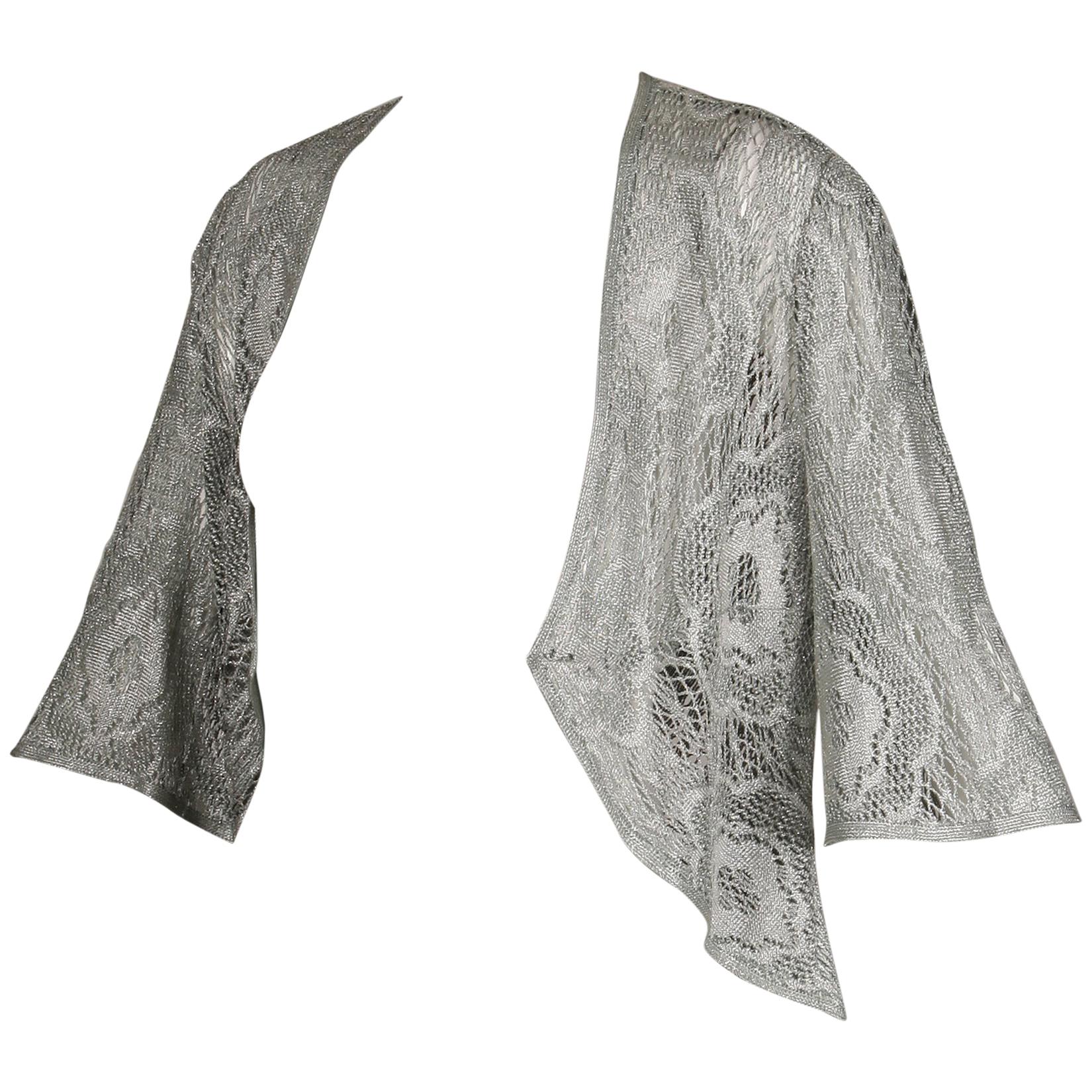 1990s Vintage Metallic Silver Sheer Lace 3/4 Sleeves Cardigan or Bolero ...