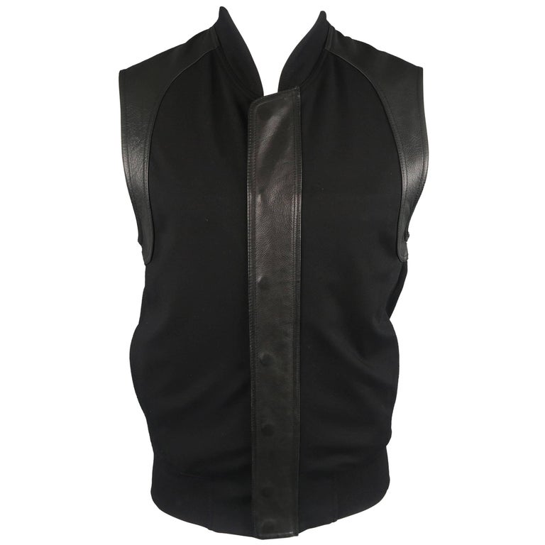 T By Alexander Wang Black Leather Trimmed Jersey Baseball Vest at 1stDibs