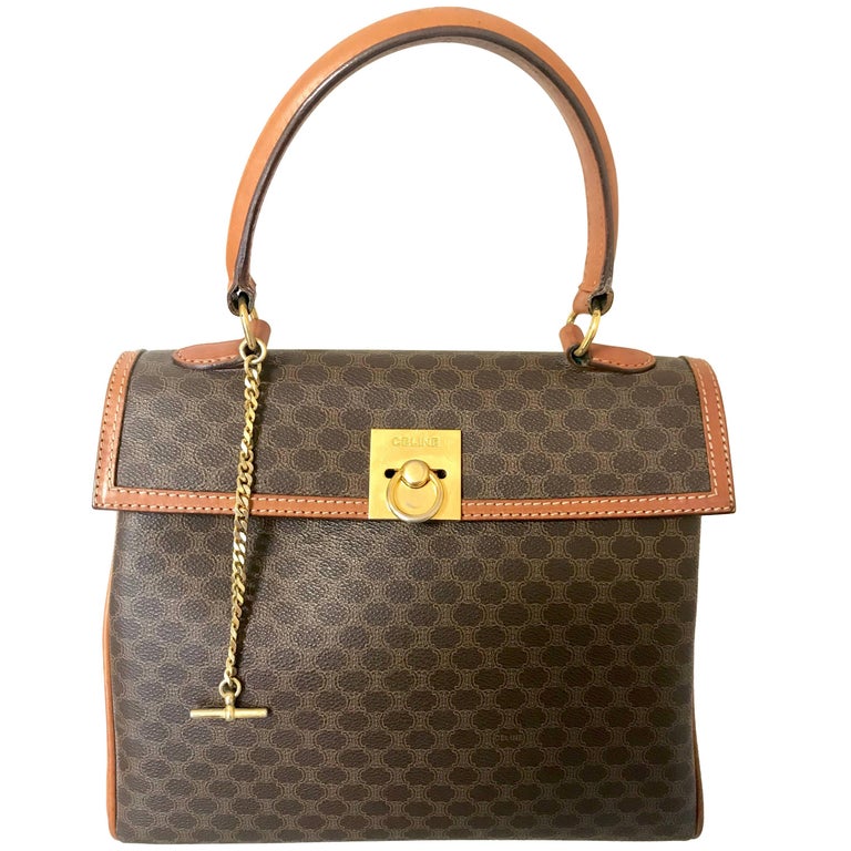 Vintage CELINE brown logo printed Kelly style handbag with golden ...