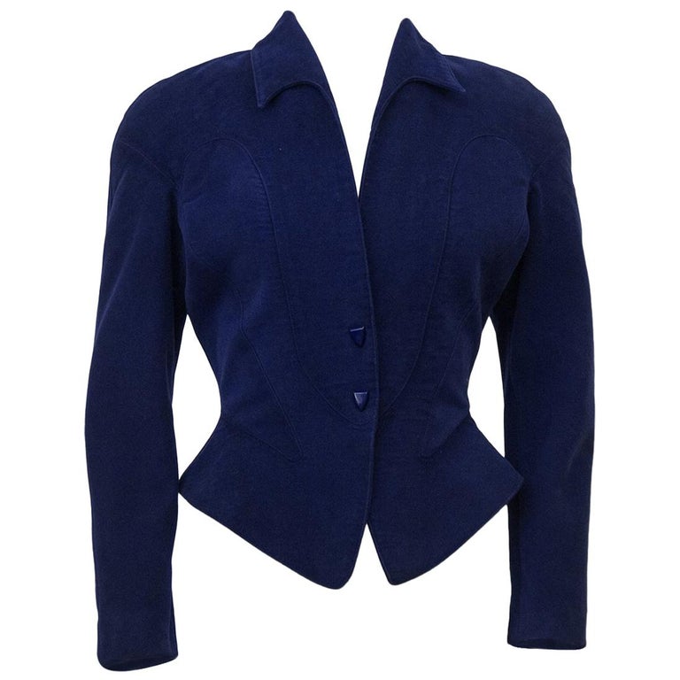 1980s Mugler Navy Velvet Jacket with Peplum at 1stDibs