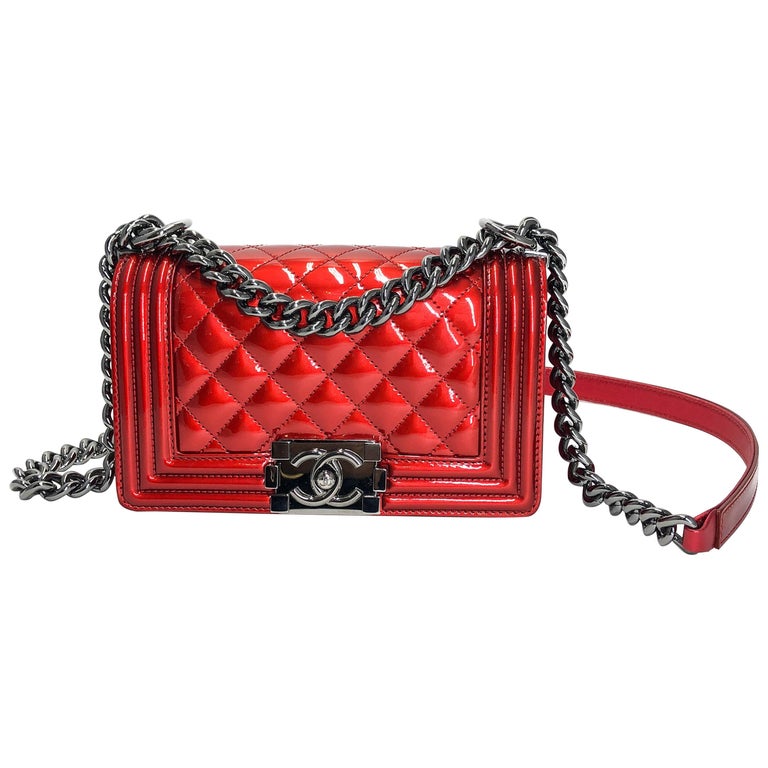 Chanel Small Red Patent Leather crossbody Boy Bag For Sale at 1stDibs
