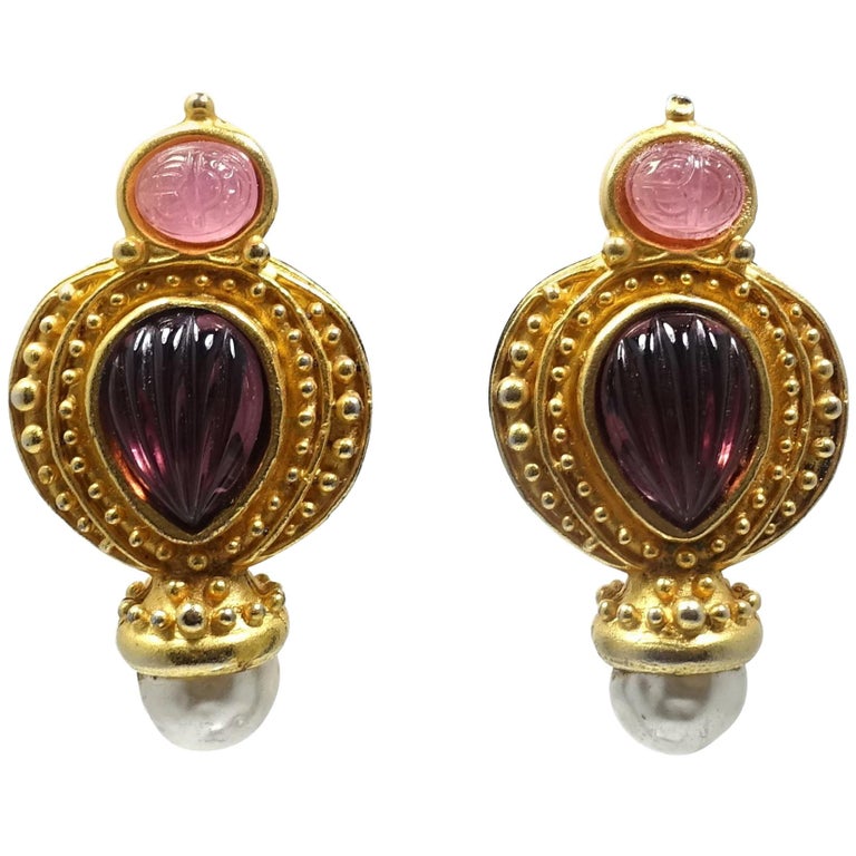 Vintage Pink Scarab, Faux Pearl, Amethyst Stone Earrings at 1stDibs