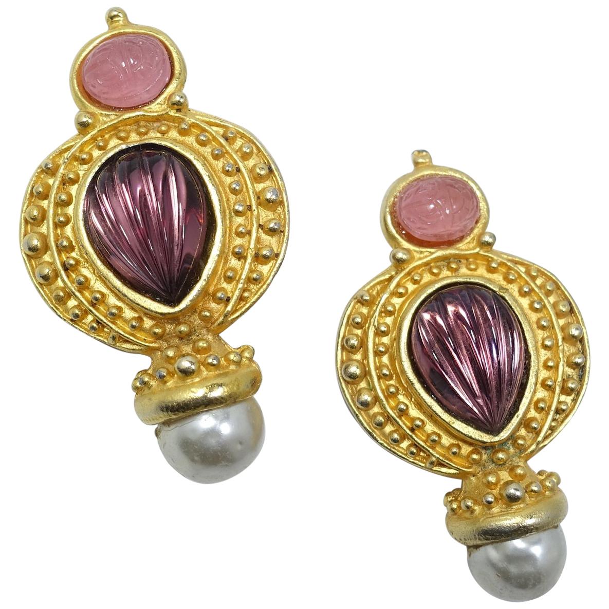 Vintage Pink Scarab, Faux Pearl, Amethyst Stone Earrings at 1stDibs