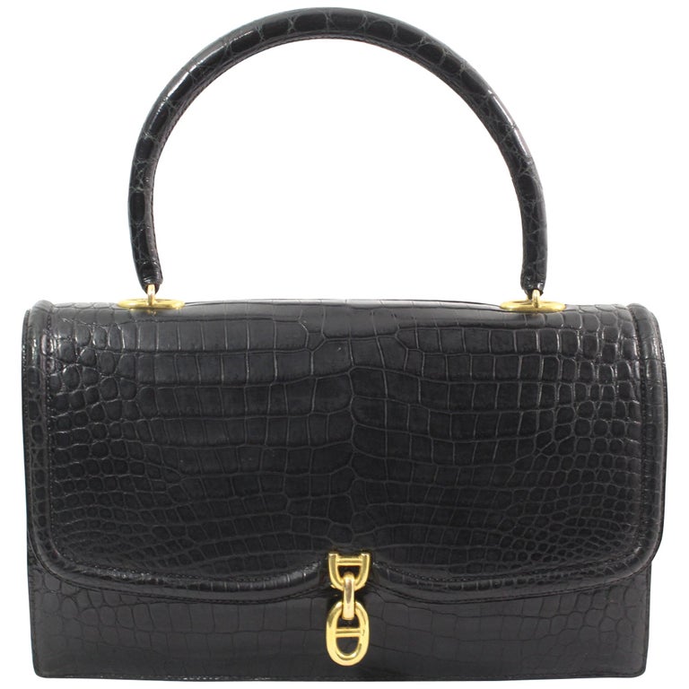 Hermes Vintage Black Croco Bag Chaine D'ancre at 1stDibs