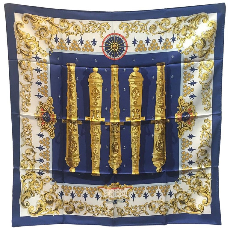Hermes Vintage Le Canon Du Soleil Royal Silk Scarf in Navy For Sale at ...