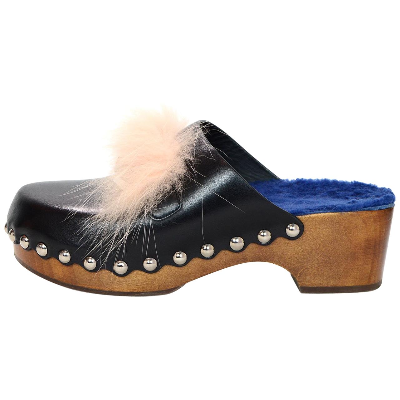 Fendi Black Leather Fox/Shearling Studded Monster Clogs For Sale at ...