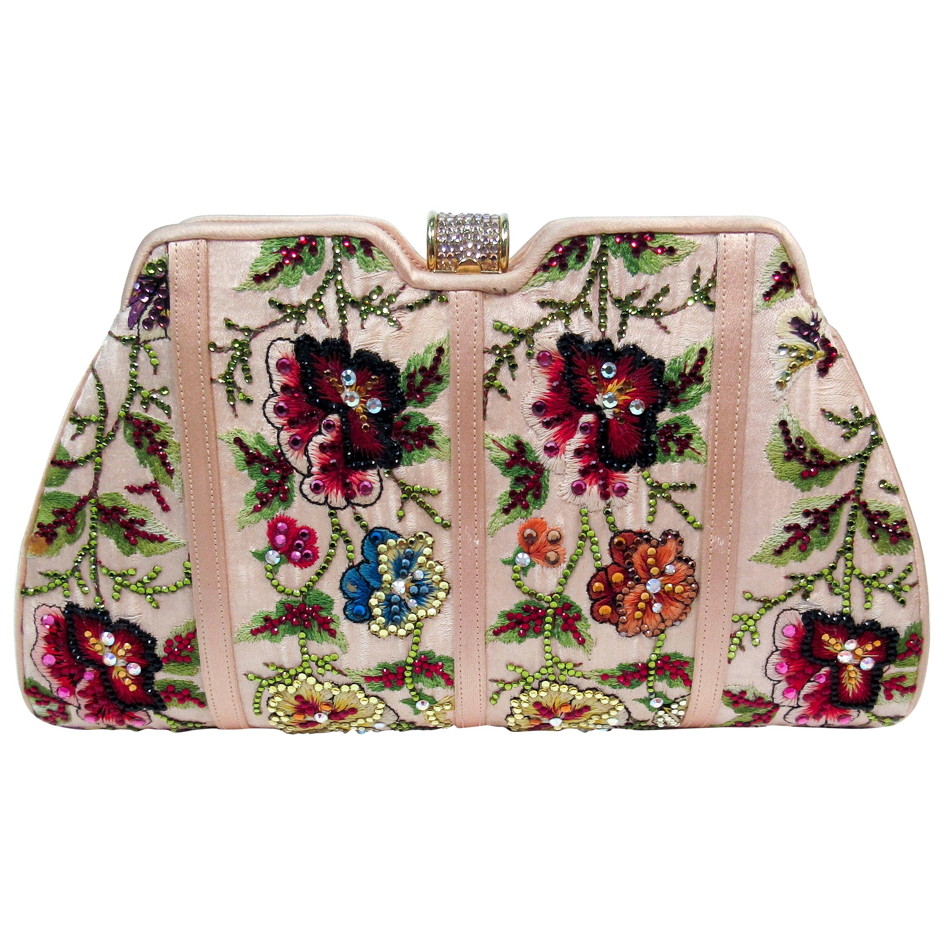 Judith Leiber Peach Satin Rhinestone Embroidered Purse at 1stDibs