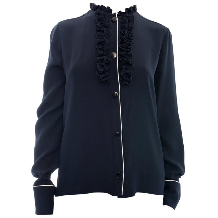 Marni Midnight Navy Blue Silk Blouse with Ruffle at 1stDibs