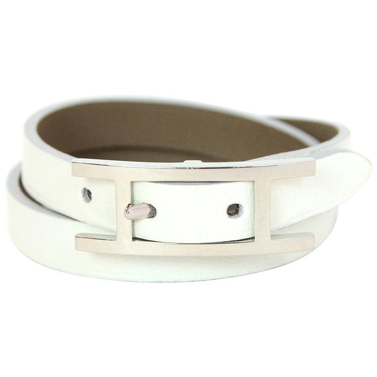 Hermes White/Grey Leather Be Hapi Double Reversible Tour Bracelet sz T1 ...