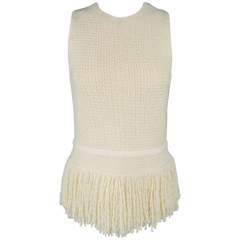 CELINE Size S Beige Wool Blend Knit Sleeveless Fringe Dress Top For ...
