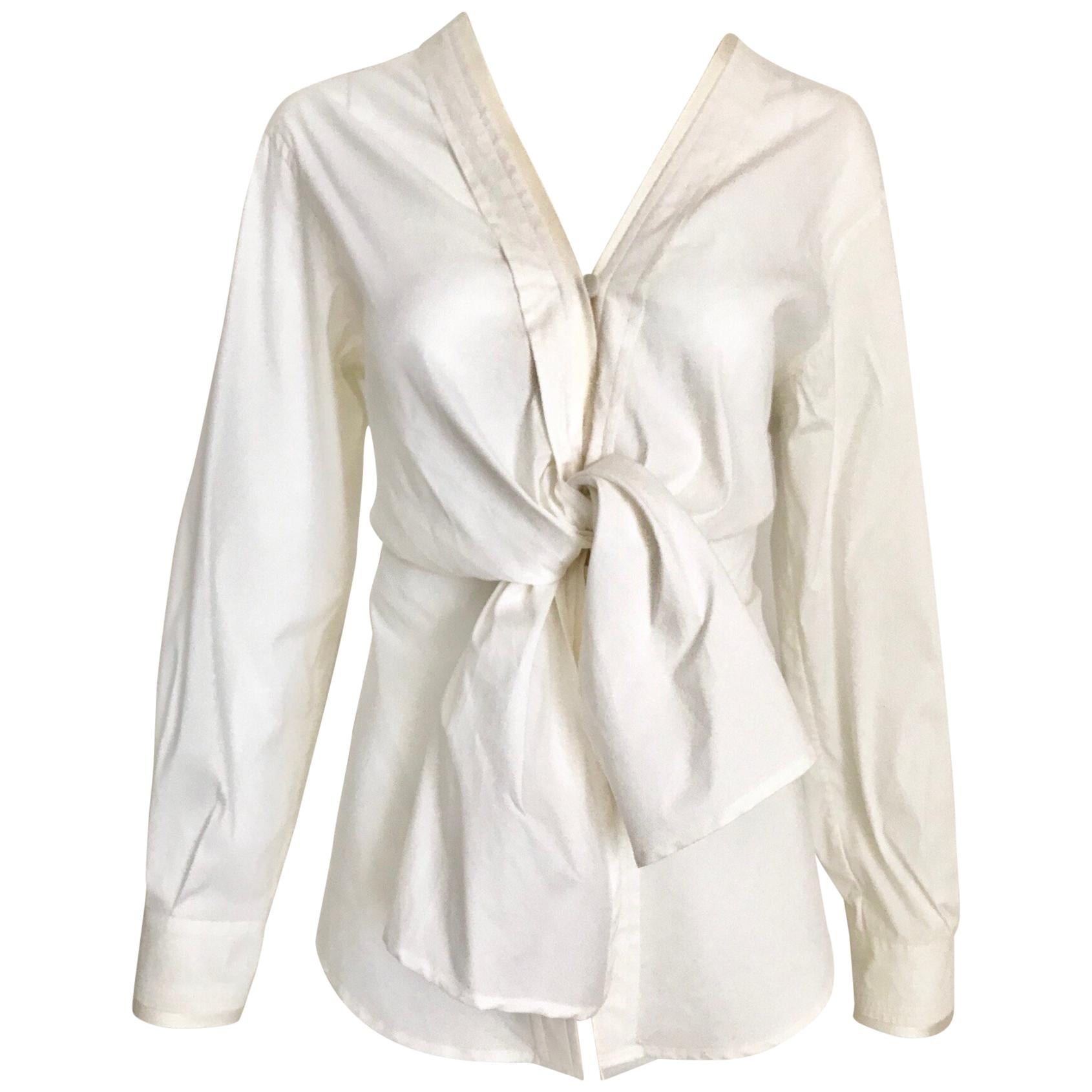 Yves Saint Laurent By Tom Ford White Cotton Tie Front Blouse For Sale