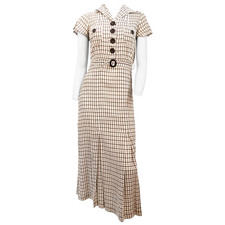 1930s Brown Plaid Day Dress with Matching Belt at 1stDibs
