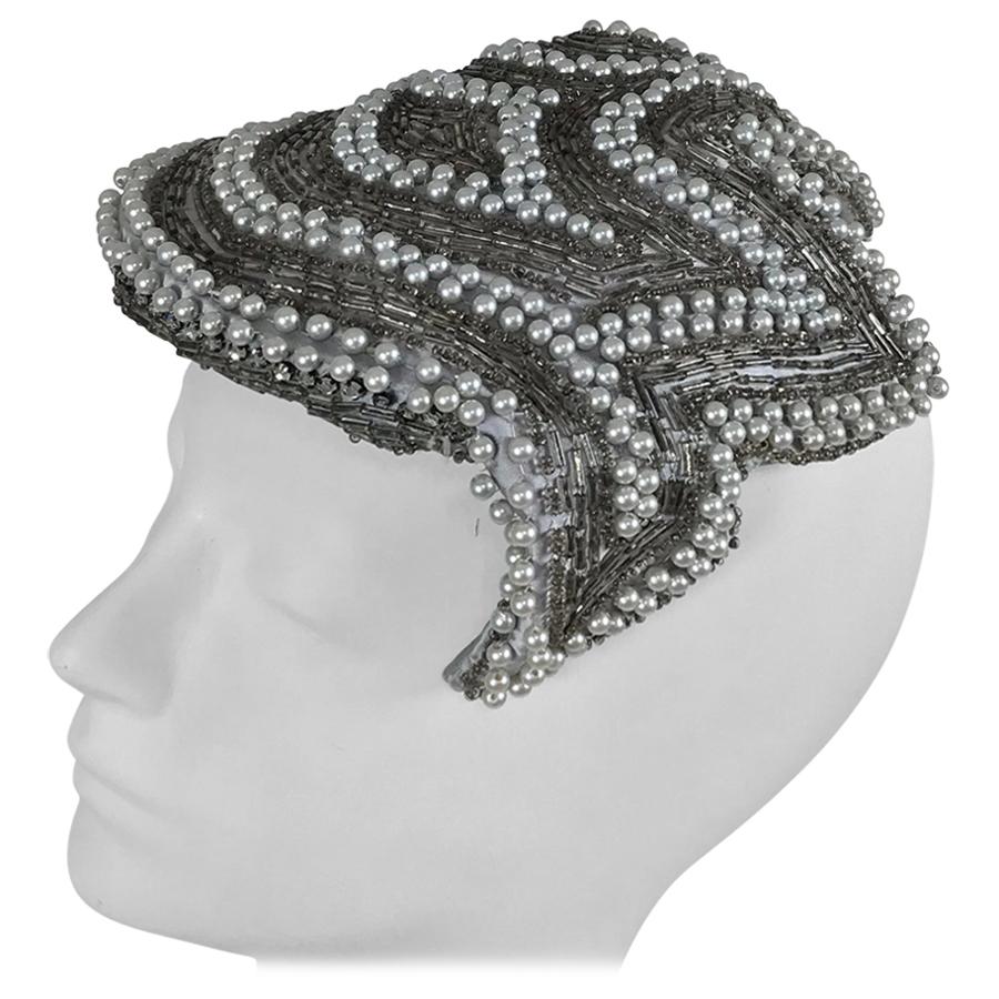 1950 Style Silver Bugle Beaded Leafy Hat By Maggie Norris For Sale at ...