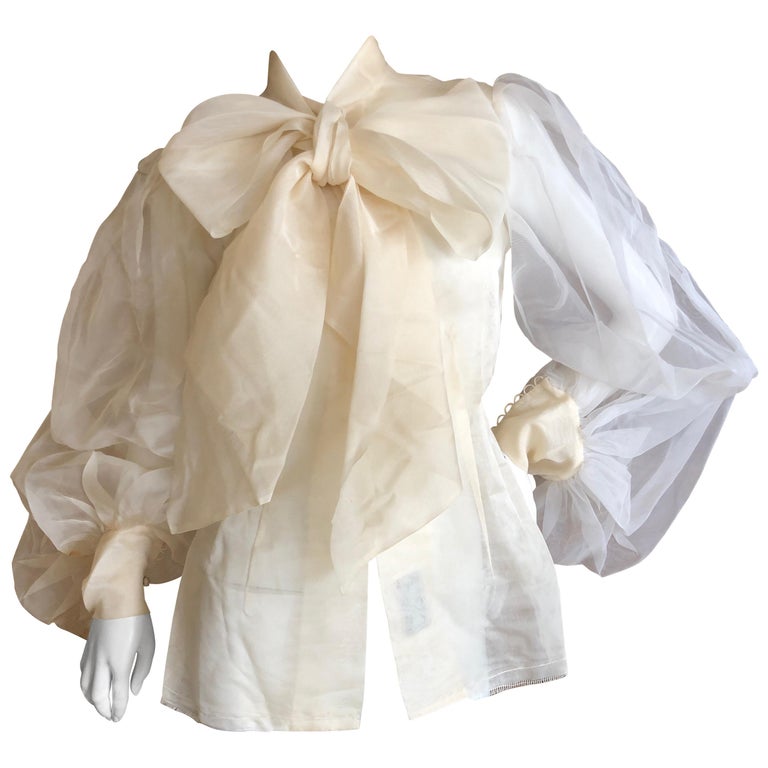 Cardinali Sheer Ivory Silk Blouse with Dramatic Sleeves and Bow Fall ...