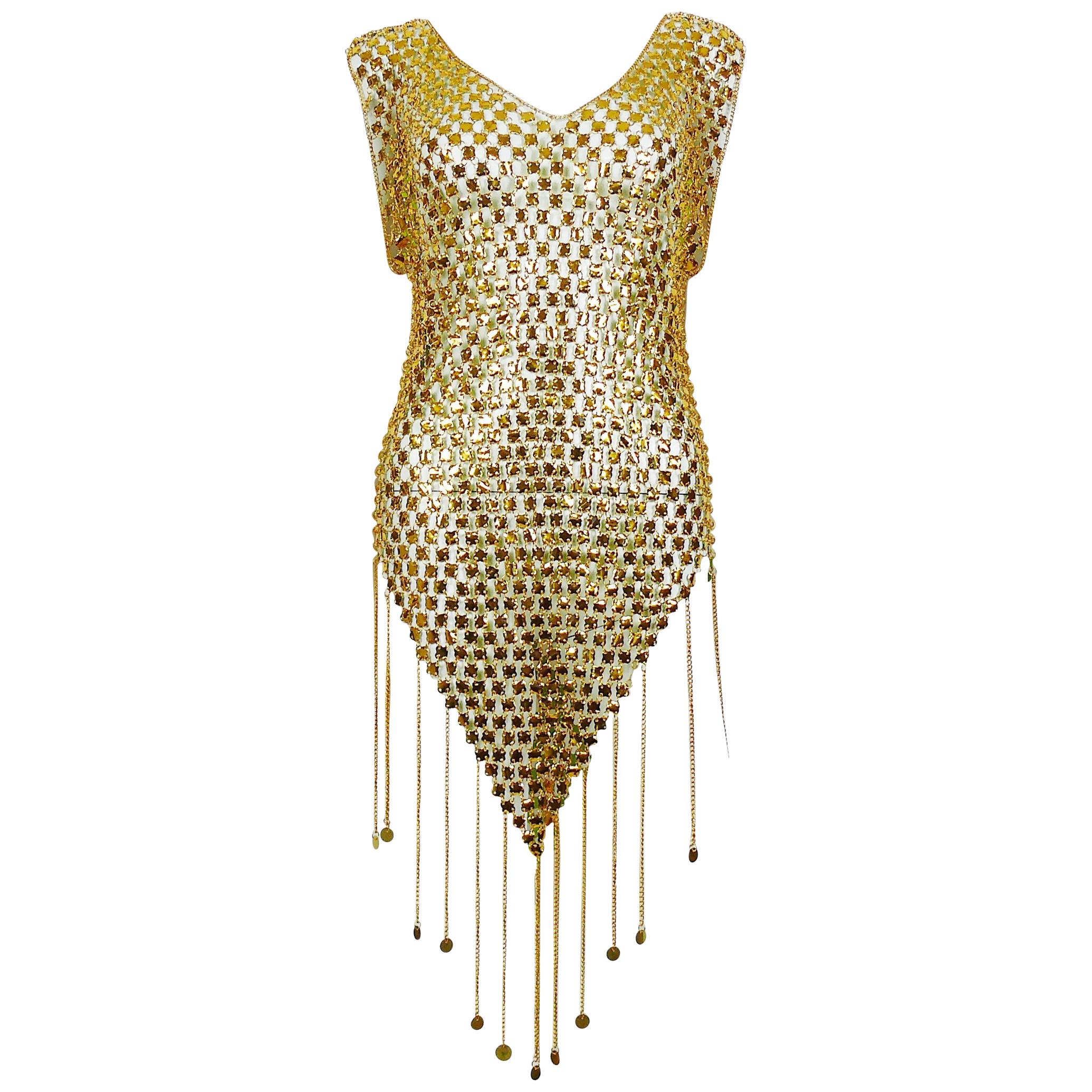 1970s Gold Toned Rhodhoid Chainmail Fringed Dress For Sale at 1stDibs