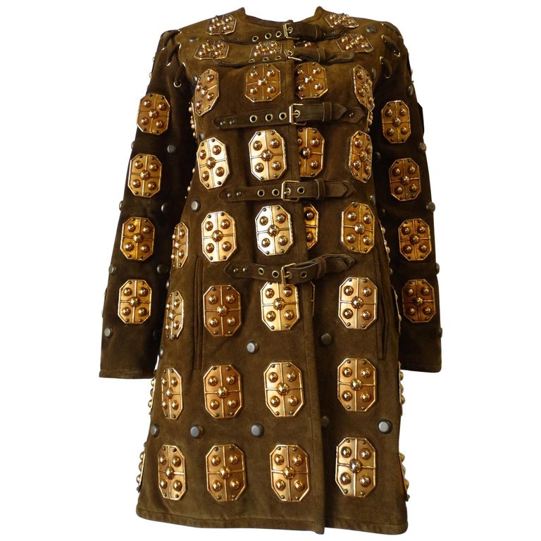 Brown Suede Metal Embellished Buckle Coat, 1970s at 1stDibs