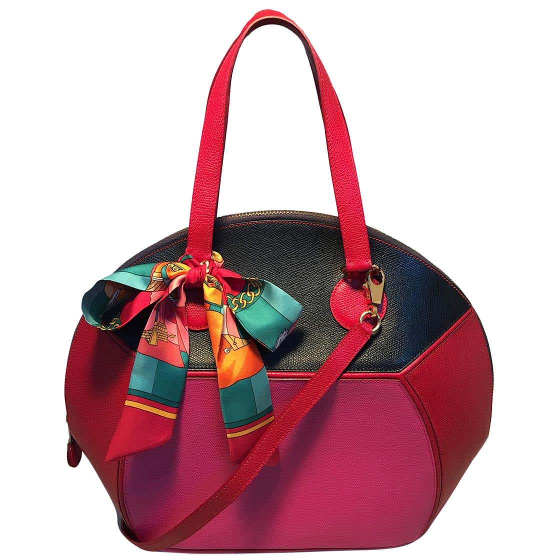 Hermes Vintage Pink Red Black Color Block Epsom Round Ellipse Handbag Hermes Vintage Pink Red Black Color Block Epsom Round Ellipse Handbag