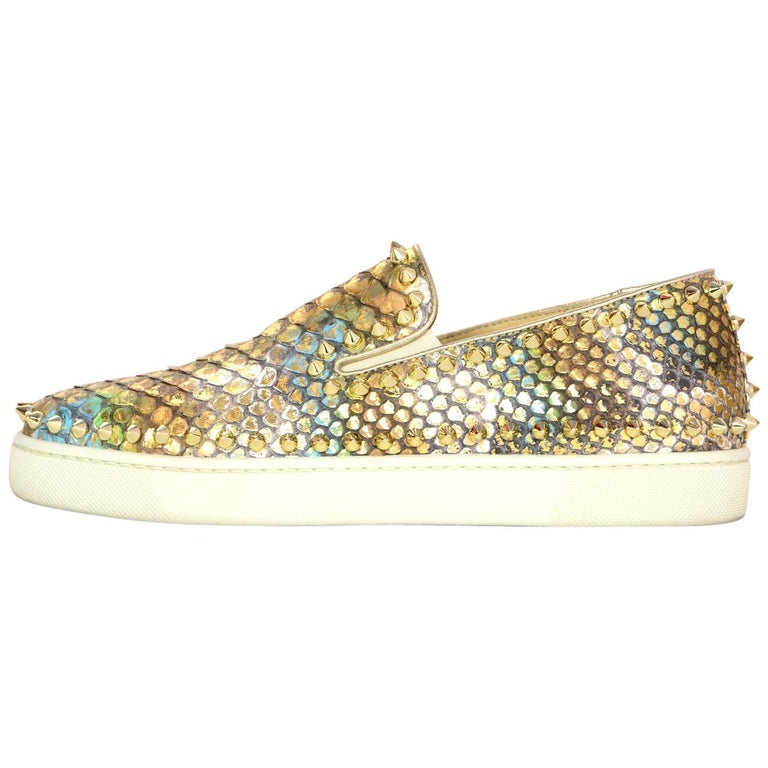 Christian Louboutin Metallic Python Studded Pik Boat Slip-On Sneakers ...