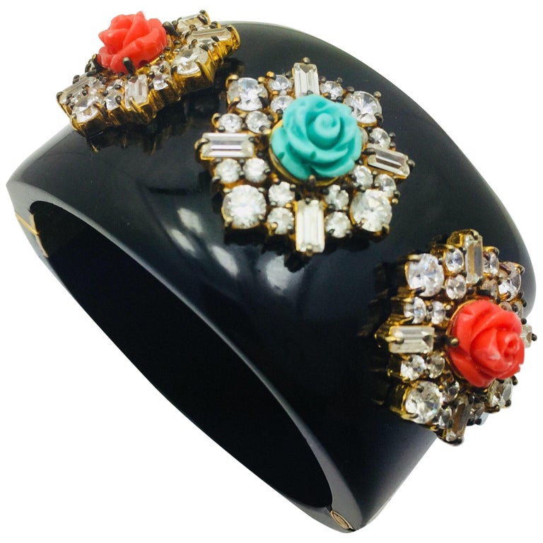 Black Resin Statement Floral Cuff For Sale at 1stDibs