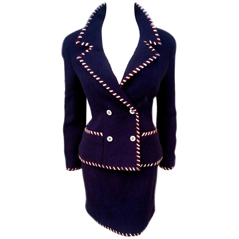 Chanel Blue Skirt Suit with Red and White Ribbon Trim Spring 94 ...