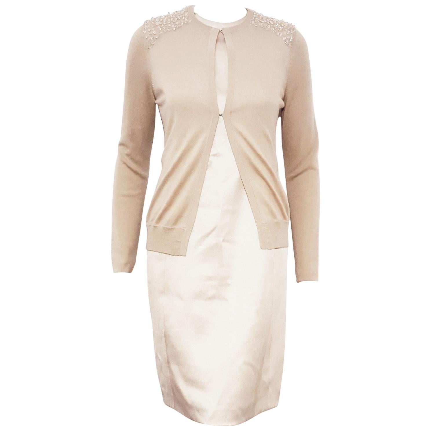 Akris Beige Silk Dress and Cashmere Sweater with Glass Beaded Shoulders ...