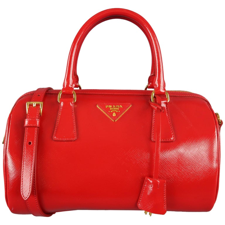 PRADA Red Patent Saffiano Leather Gold Hardware Bowler Handbag at 1stDibs