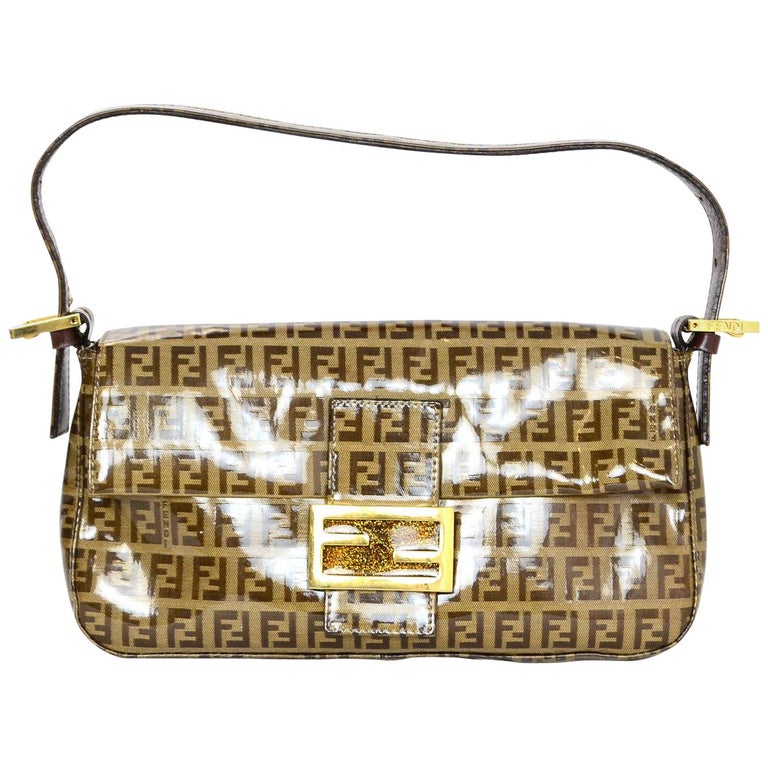 Fendi Tan Coated Canvas Monogram Zucca Baguette Bag w/ Gold Glitter Logo Buckle at 1stDibs
