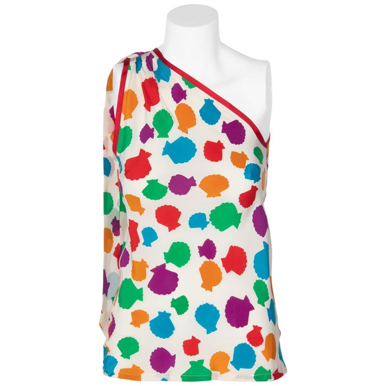 1970s Yves Saint Laurent Multicolor Sea-Shell Print Sleeveless Blouse ...
