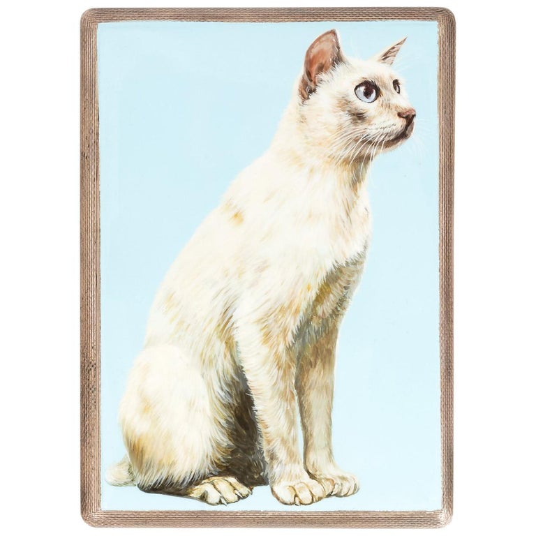 English Enameled Cat Cigarette Case For Sale at 1stDibs