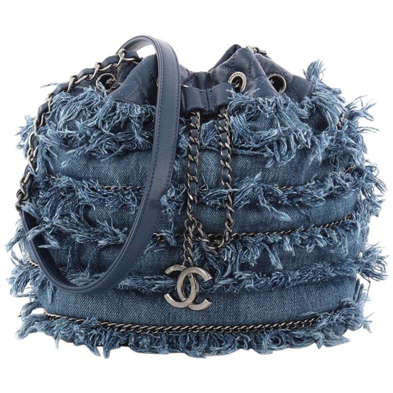 Chanel Drawstring Charm Bucket Bag Fringe Denim at 1stDibs