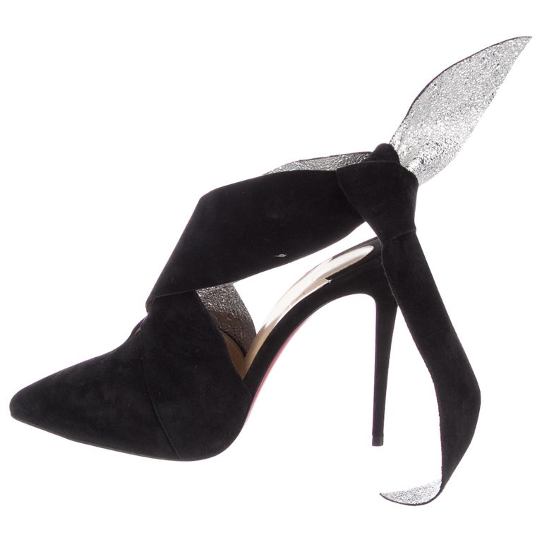 Christian Louboutin Black Suede Silver Tie Evening Ankle Heels Booties ...