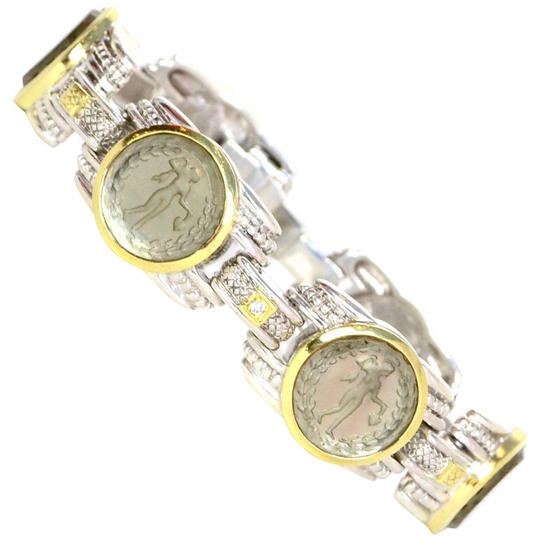 Judith Ripka Silver 18K Gold Green Glass Intaglio Station Bracelet w ...