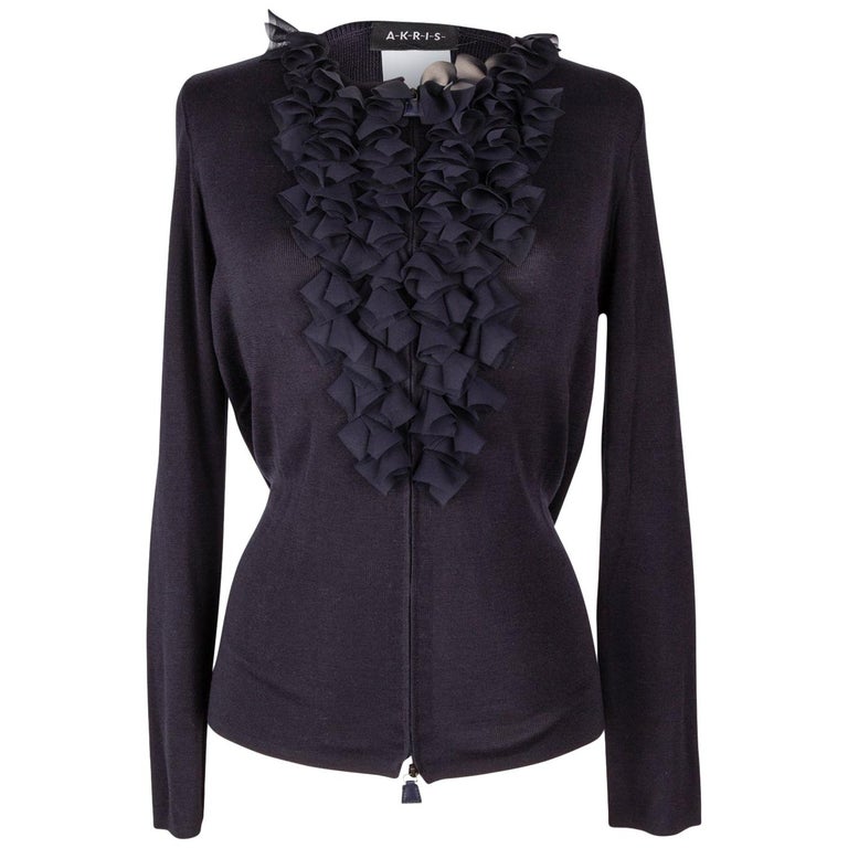 Akris Sweater / Top Ruffled Front Dark Navy 12 Mint at 1stDibs