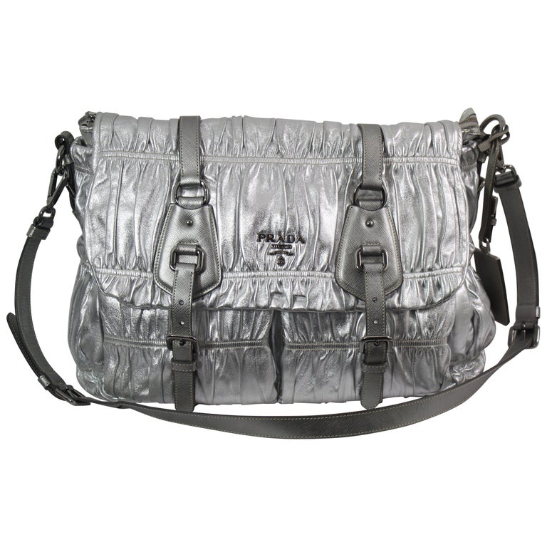 Prada Pleated Silver Leather Bag at 1stDibs