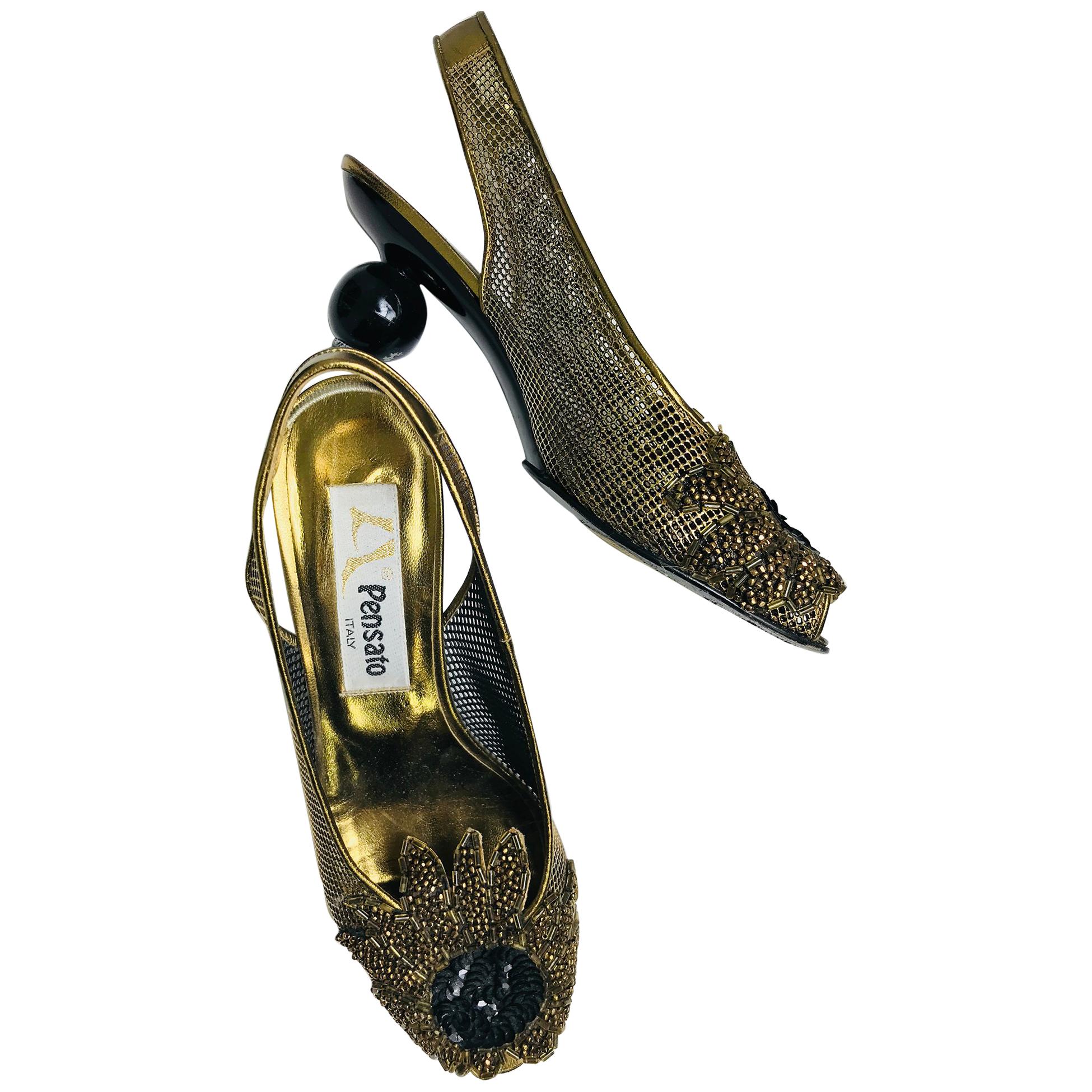 Pensato gold mesh beaded ball heel shoes, 1970s For Sale at 1stDibs