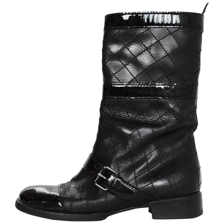 Chanel Black Quilted Leather Buckle Boots W/ Patent Toe Sz 38 For Sale ...