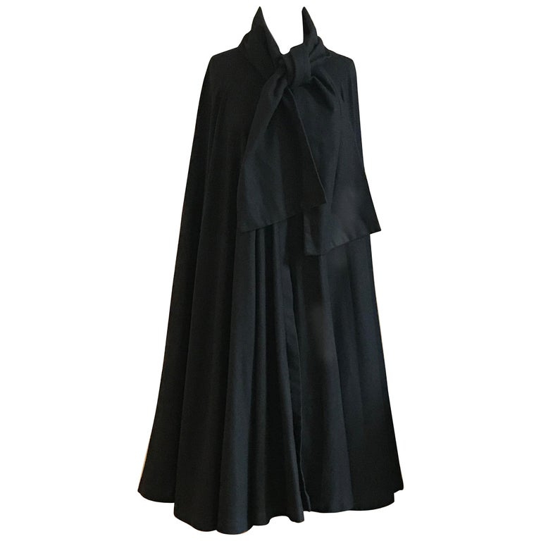 Geoffrey Beene 1970s Black Long Cloak Cape with Tie Neck Scarf Collar ...