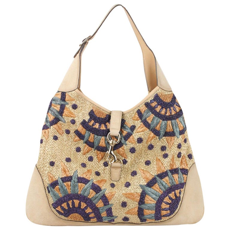 Gucci Beige Raffia Flowers Jackie O Bouvier Hobo Bag For Sale at 1stDibs