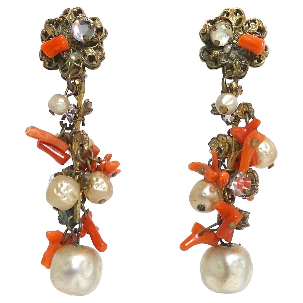 Miriam Haskell Early Vintage Coral and Faux Pearl Drop Earrings at ...