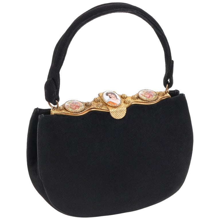 VICTORIAN REVIVAL c.1930s Black Suede Leather Hand Painted Cameo Frame ...