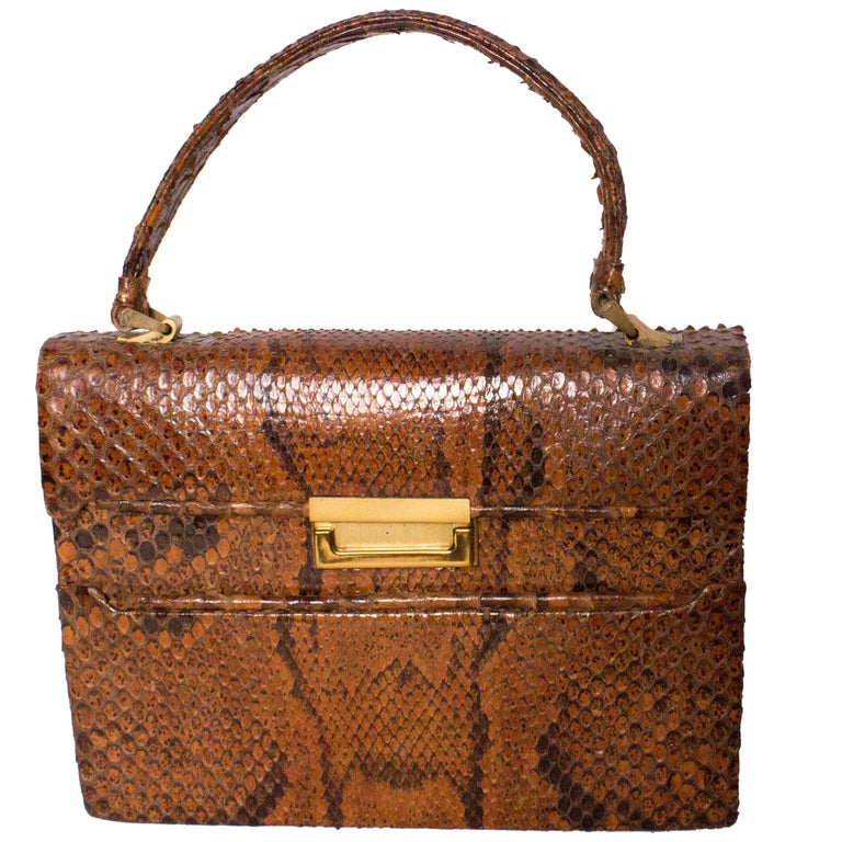 Tan and Brown Vintage Top handle Snakeskin Bag, 1940s at 1stDibs