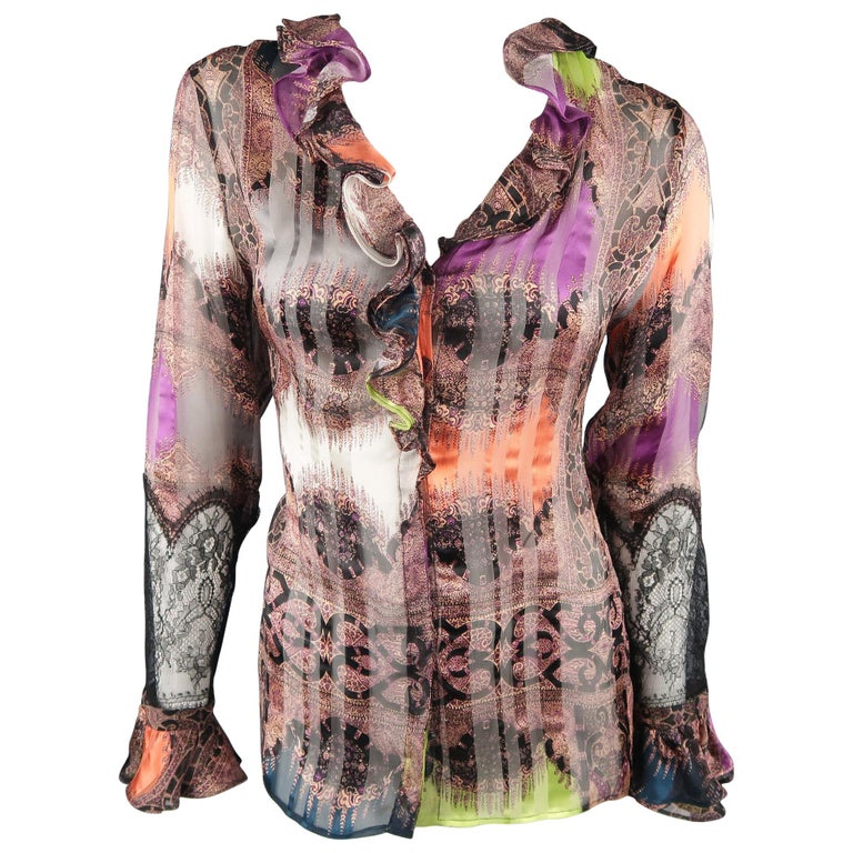 Etro Purple Orange and Green Abstract Paisley Silk Ruffle Blouse at 1stDibs