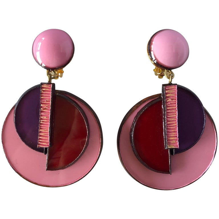 Pink and Red Pop Art Circle Statement Earrings by Cilea Paris at 1stDibs