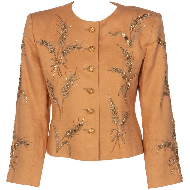 Yves Saint Laurent Gold Beaded Wheat Linen Jacket, 1980s at 1stDibs